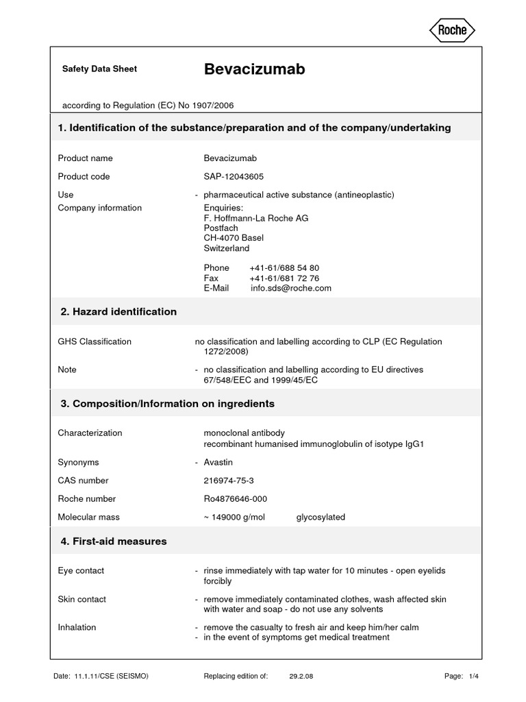 Bevacizumab Avastin MSDS | PDF | Intravenous Therapy | Chemistry
