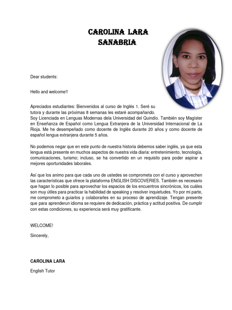 Carta de Bienvenida Inglés 1-1 | PDF