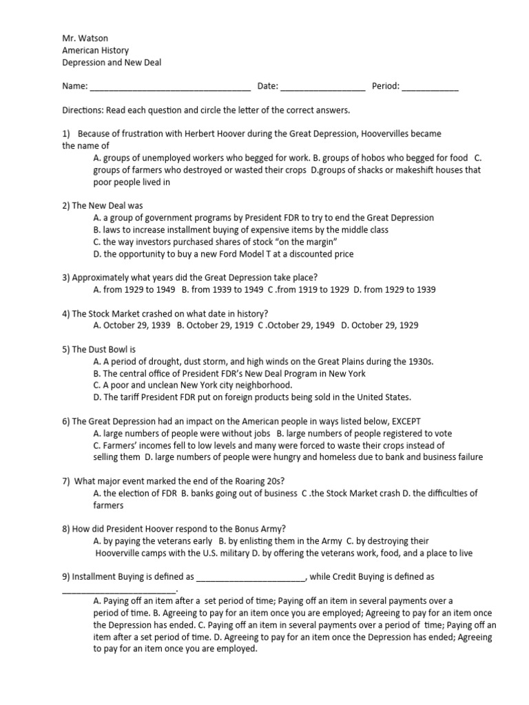 Great Depression and New Deal Quiz | PDF | New Deal | Great Depression