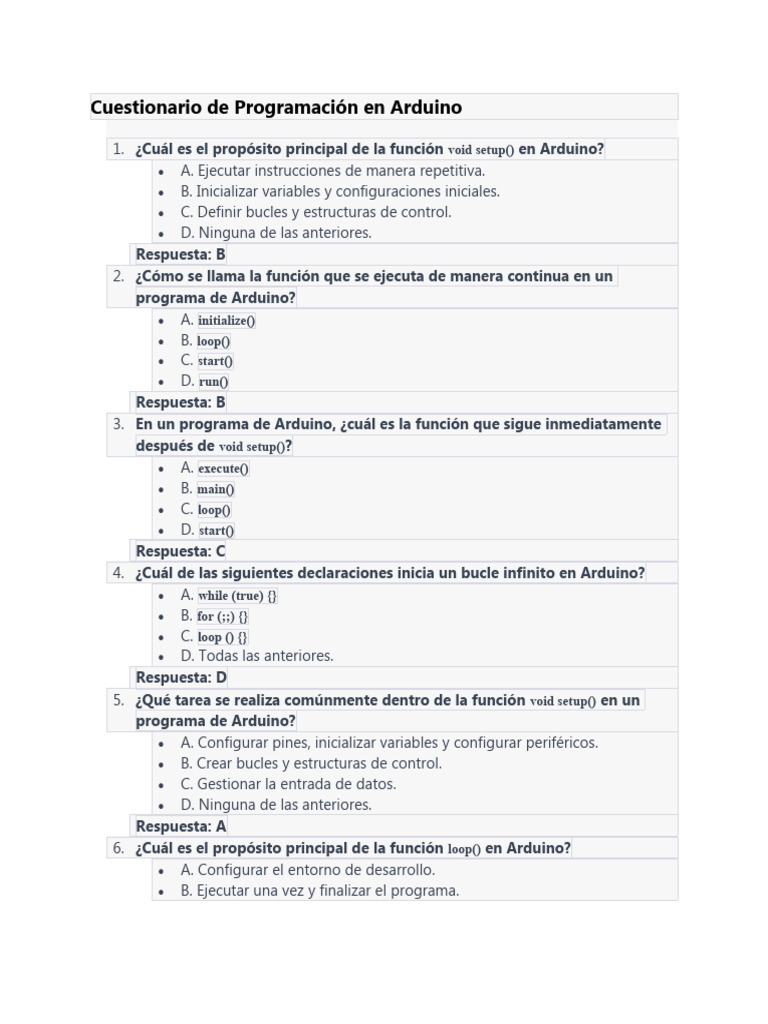 Cuestionario de Programación en Arduino | PDF | Ciencias de la Computación | Programación de ...