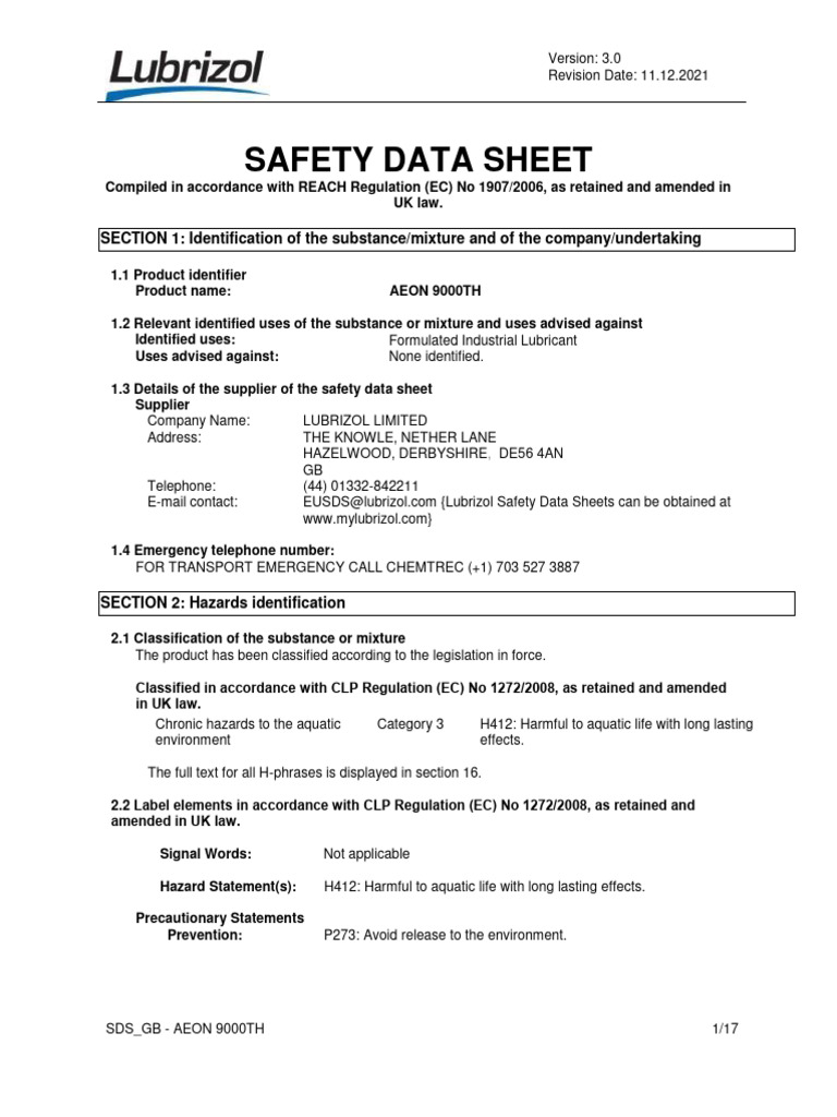 Aeon 9000TH SDS - GB English | PDF | Personal Protective Equipment ...