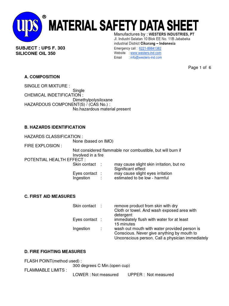 Msds Ups f.303 Silicone Oil 350 | PDF | Personal Protective Equipment ...