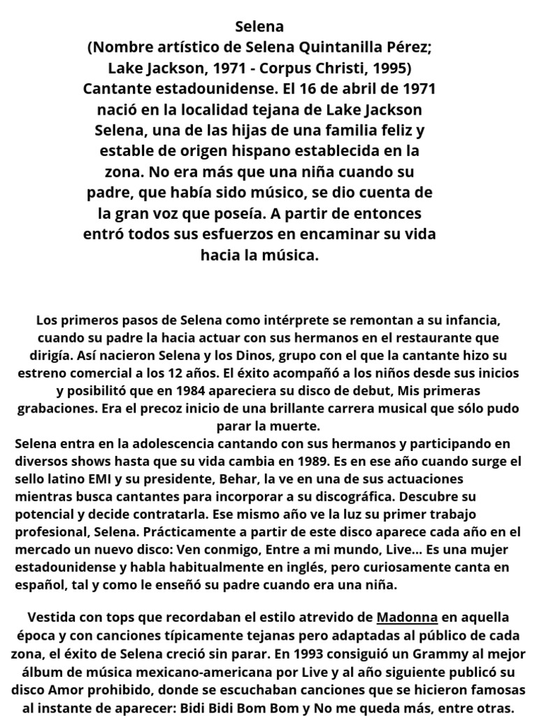 Selena Nombre Artistico de Selena Quintanilla Perez Lake Jackson 1971 ...