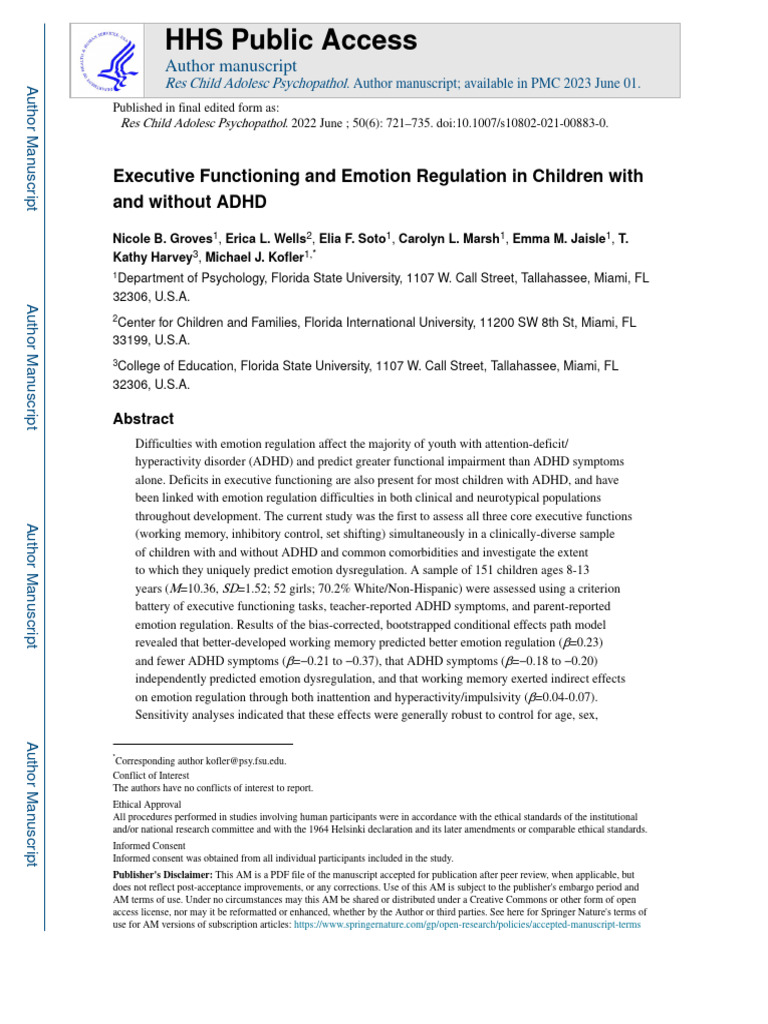 Executive Functioning and Emotion Regulation in Children With and Without ADHD | PDF | Attention ...