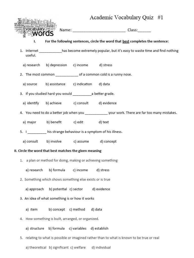 Academic Vocabulary Quiz 1 | PDF | Analysis | Word
