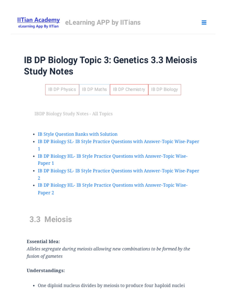 IB DP Biology Topic 3 - Genetics 3.3 Meiosis Study Notes | PDF ... IB DP Biology Topic 3 - Genetics 3.3 Meiosis Study Notes | PDF ...
