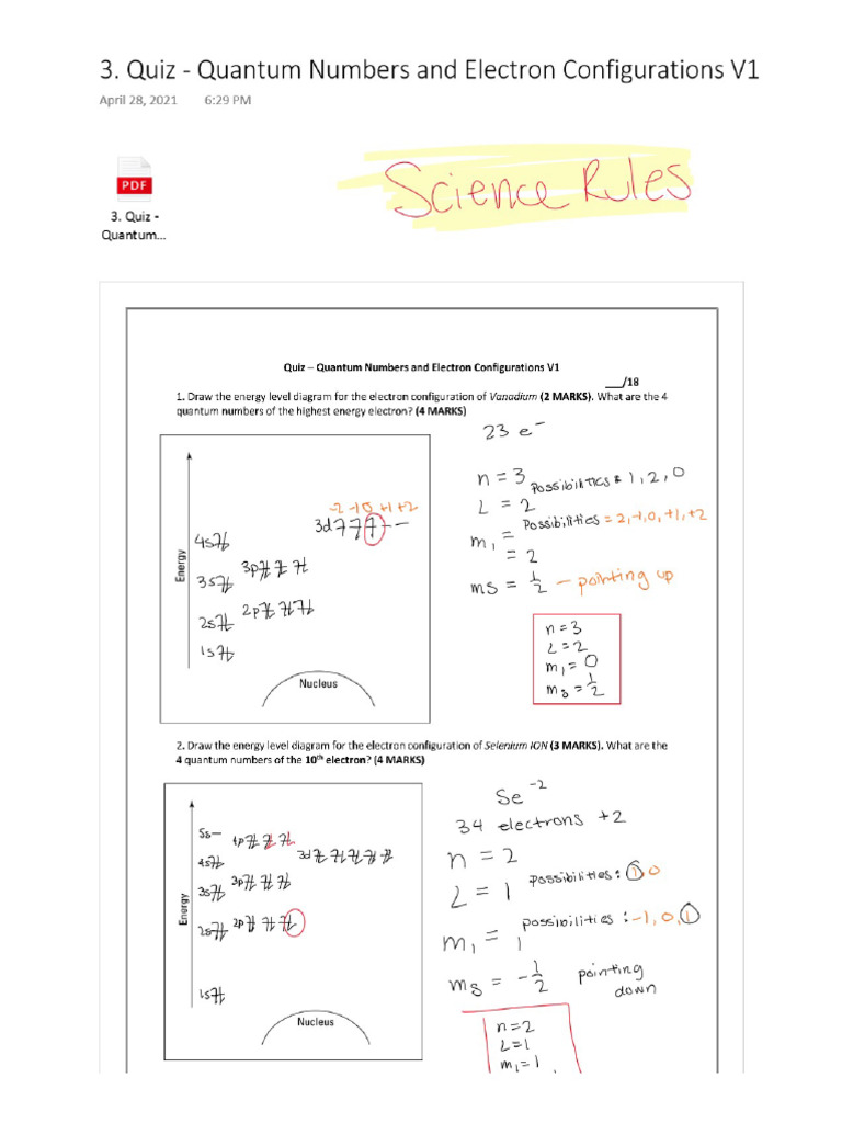 Quiz 3 - Quantum Numbers and Electron Configurations | PDF