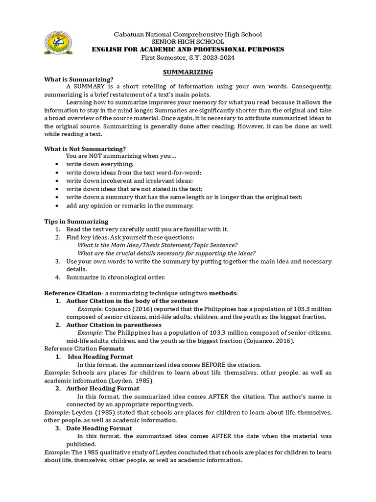 EAPP Lesson Handouts Summarizing | PDF | Human Communication ...