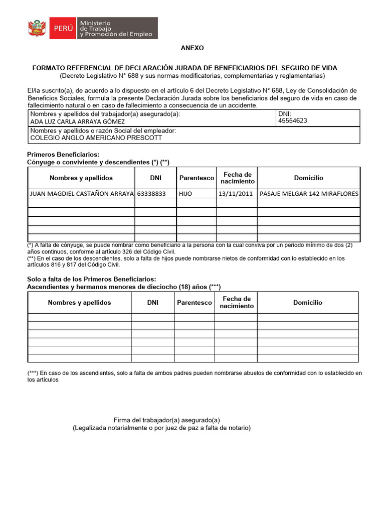 Declaración Jurada Vida Ley | PDF