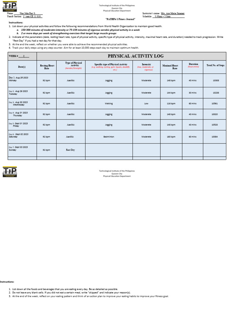 PE001 - Fitness Journal Log WK 3 NEO JRS | PDF | Lunch | Physical Fitness