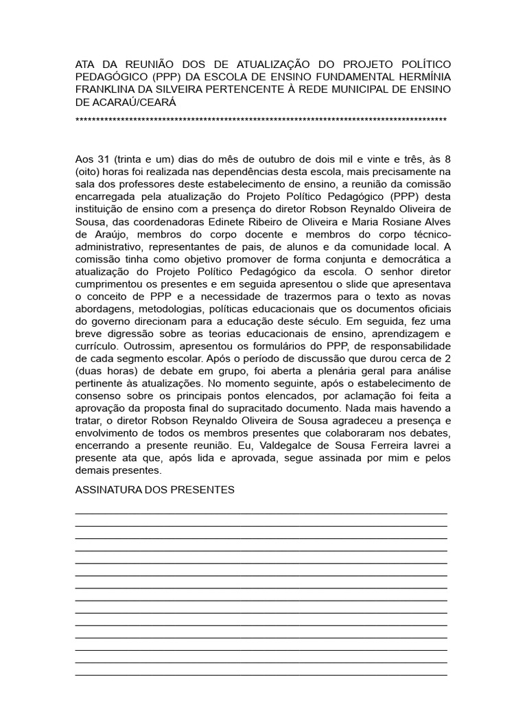 ATA DA REUNIÃO DOS DE ATUALIZAÇÃO DO PROJETO POLÍTICO PEDAGÓGICO | PDF ...