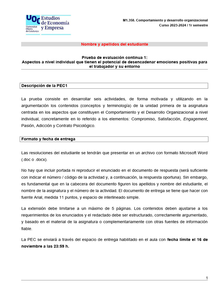 PEC1 - CyDO Enunciado 2023 2024 Semestre1 | PDF | Sicología | Aprendizaje