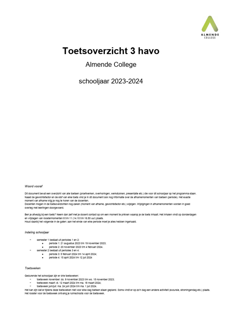 3 Havo Toetsoverzicht | PDF