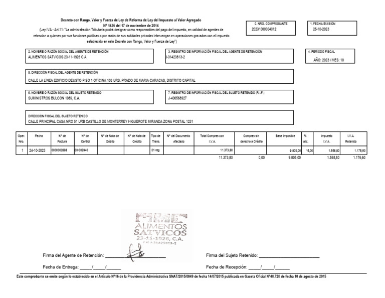 RET IVA SUMINISTROS BULCON FACT 0000002888 | PDF | Impuesto al valor ...