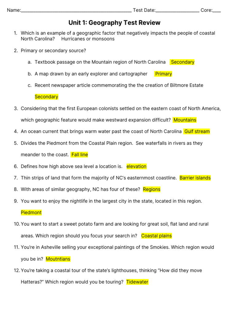 Geography Test Review 2023 | PDF | North Carolina | Geography