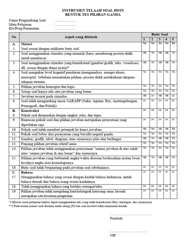 Instrumen Telaah Soal Hots | PDF