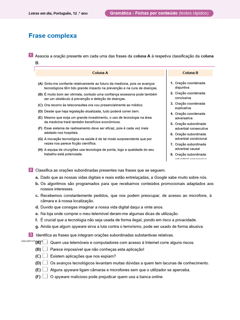 Ldia12 Gramatica Frase Complexa 2 | PDF