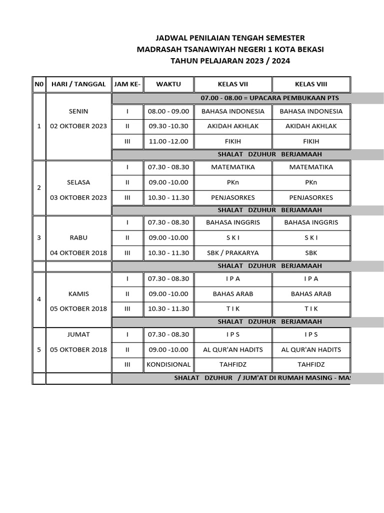Jadwal Pts Ganjil 2023-2024 | PDF