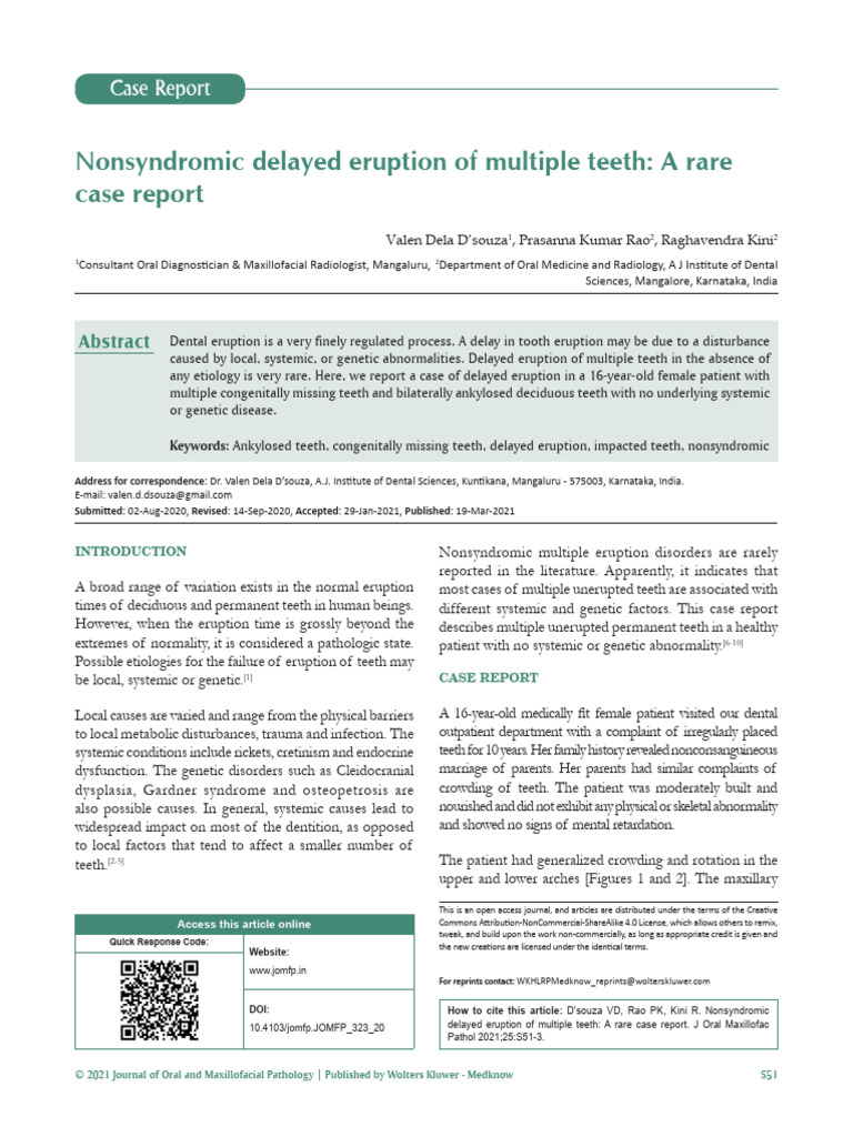 Nonsyndromic Delayed Eruption | PDF | Human Tooth | Health Sciences
