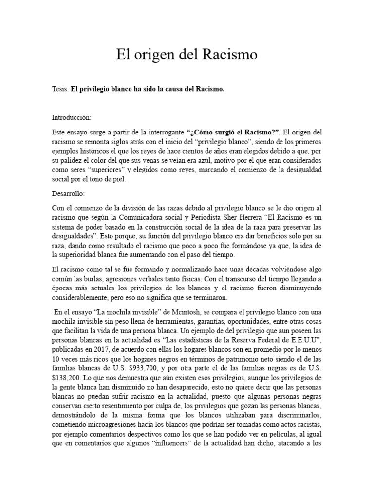 El Origen Del Racismo Pdf Racismo Discriminación Y Relaciones