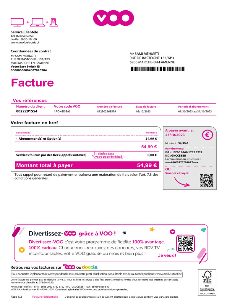 Facture VOO d'octobre 2023 | PDF | Facture