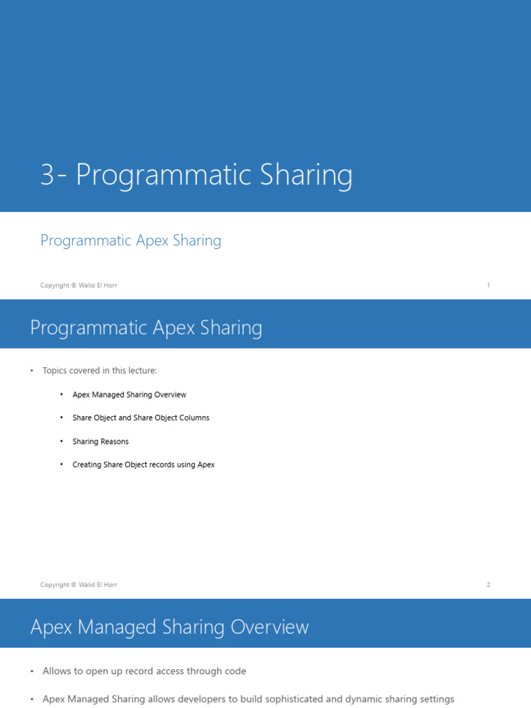 3.1 - Programmatic Sharing - Programmatic Apex Sharing | PDF | Copyright | Software Engineering