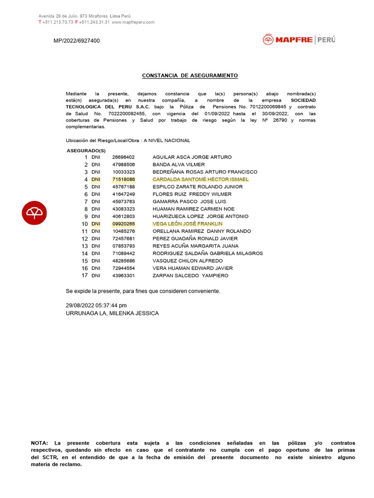 SCTR - STP Set 22 | PDF | Póliza de seguros | Seguro