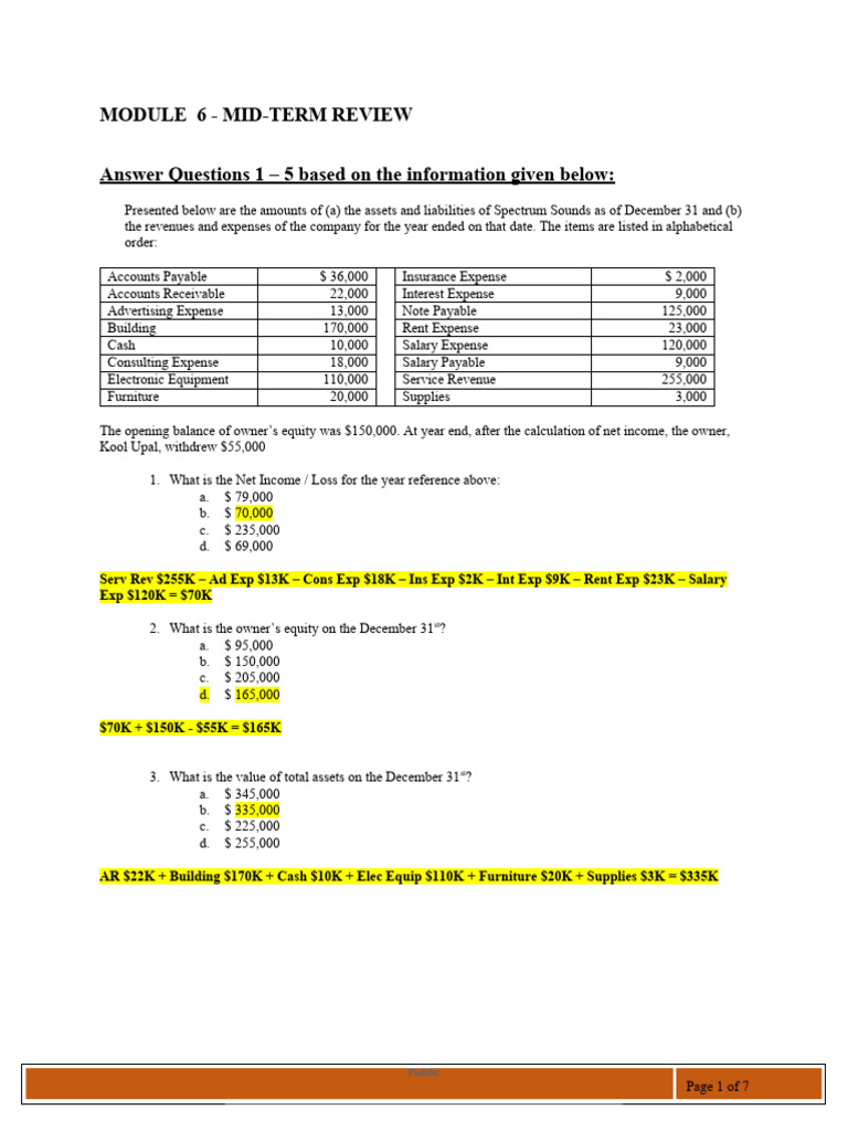 MODULE 6 Mid-Term Exam Review Exercises ANSWER KEY | PDF | Expense ...