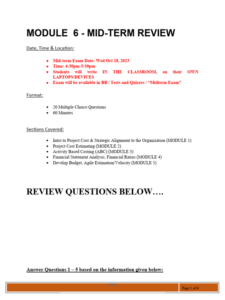 MODULE 6 Mid-Term Exam Review Exercises - F23 | PDF | Equity (Finance) | Expense
