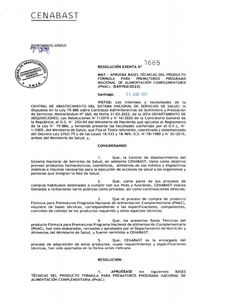 2022.04.05 Bases Tecnicas PNAC Producto Formula para Prematuros FP | PDF