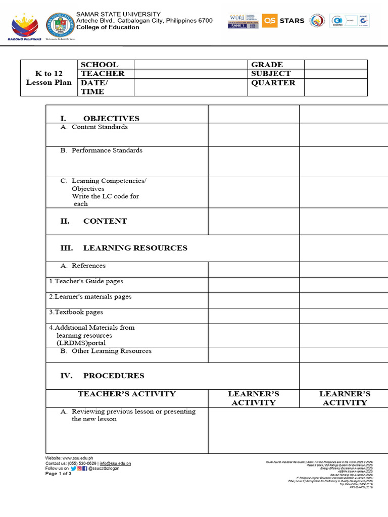 MG Lesson-Plan-Format Quenga | PDF | Lesson Plan | Learning