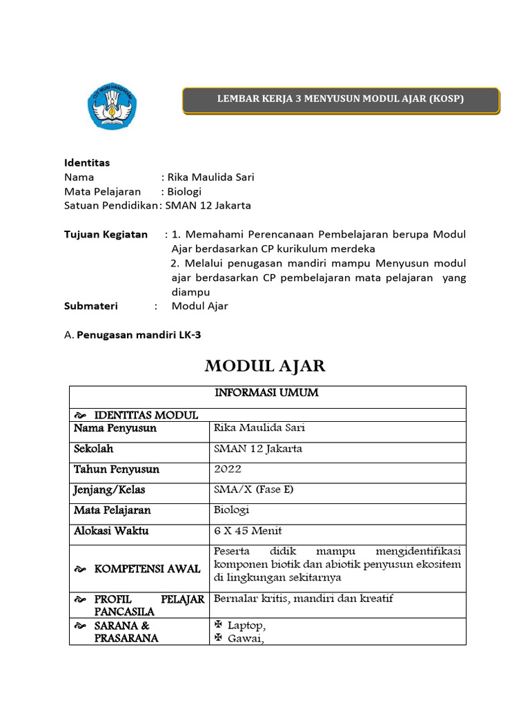 LK 3 Modul Ajar (KOSP) - Rika - SMAN 12 Jakarta | PDF