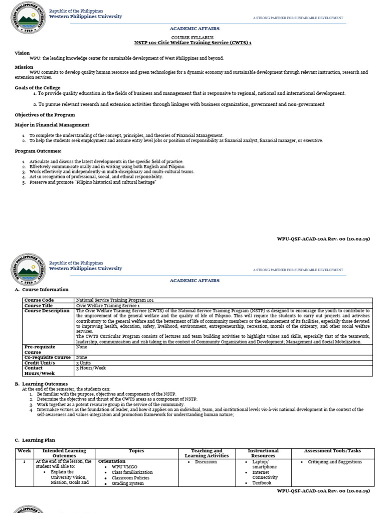NSTP 1 CWTS 1FM Revised Syllabus | PDF | Substance Abuse | Sustainability