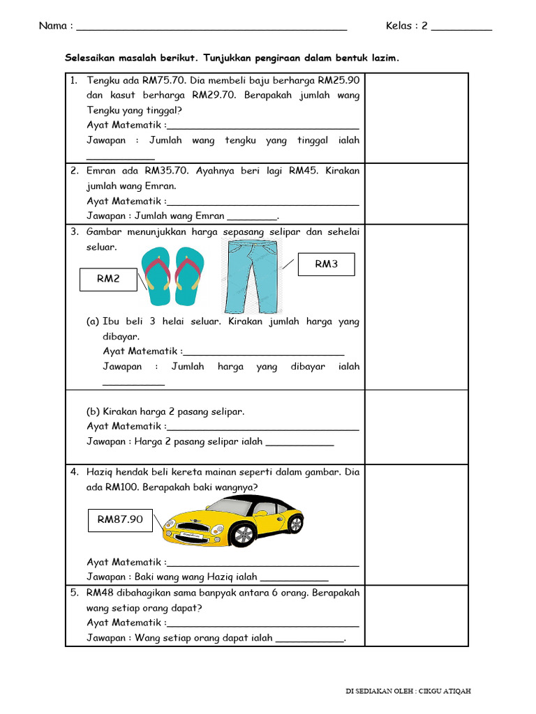 Latihan Wang Tahun 2 Penyelesaian Masalah | PDF