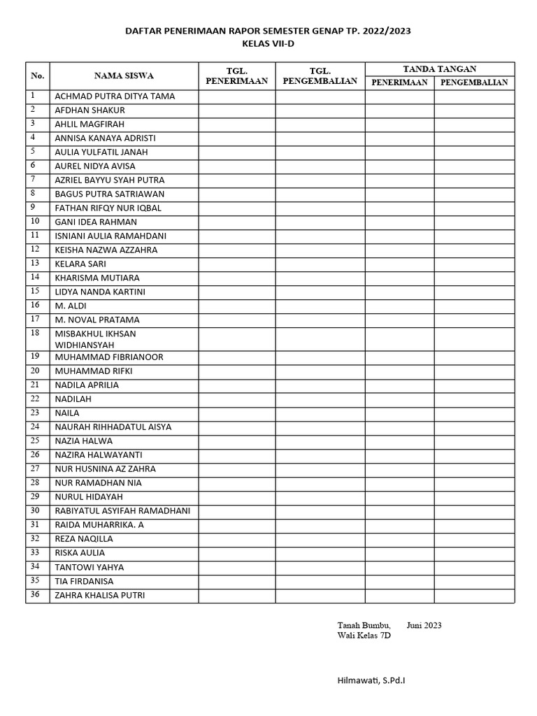 Daftar Penerimaan Rapor Semester Genap TP | PDF