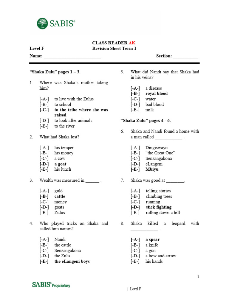 2324 Level F Class Reader Rev Sheet T1 Final AK | PDF | Zulu Kingdom
