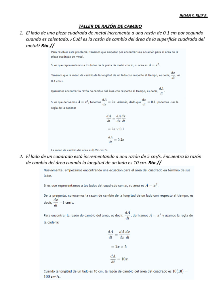 Razón de Cambio del Área de un Cuadrado | PDF