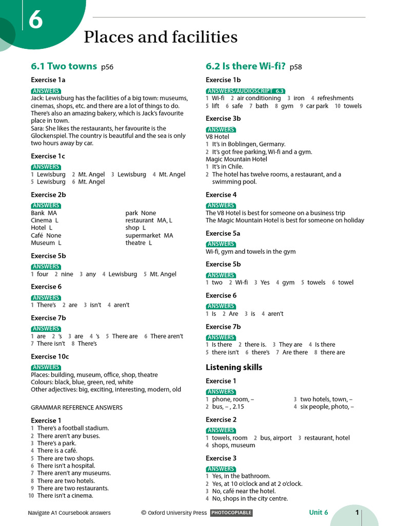 Navigate A1 Coursebook Unit 6 Answer Key | PDF | Room | Home