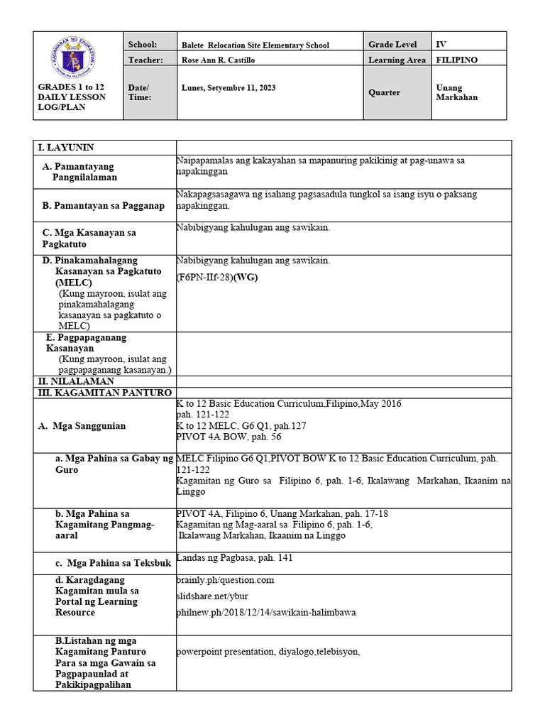 Q1 Week 3 Day 1 DLP FILIPINO 6 | PDF