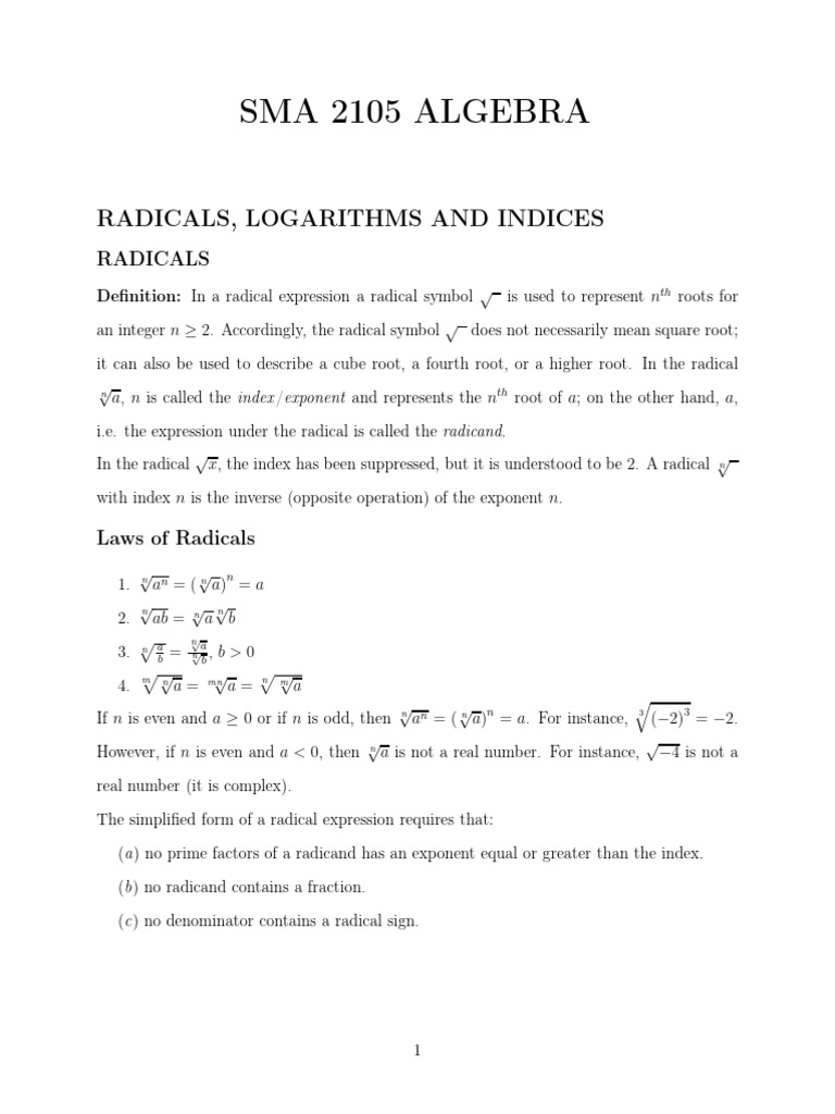 SMA 2105 Algebra Notes-1 | PDF | Quadratic Equation | Logarithm