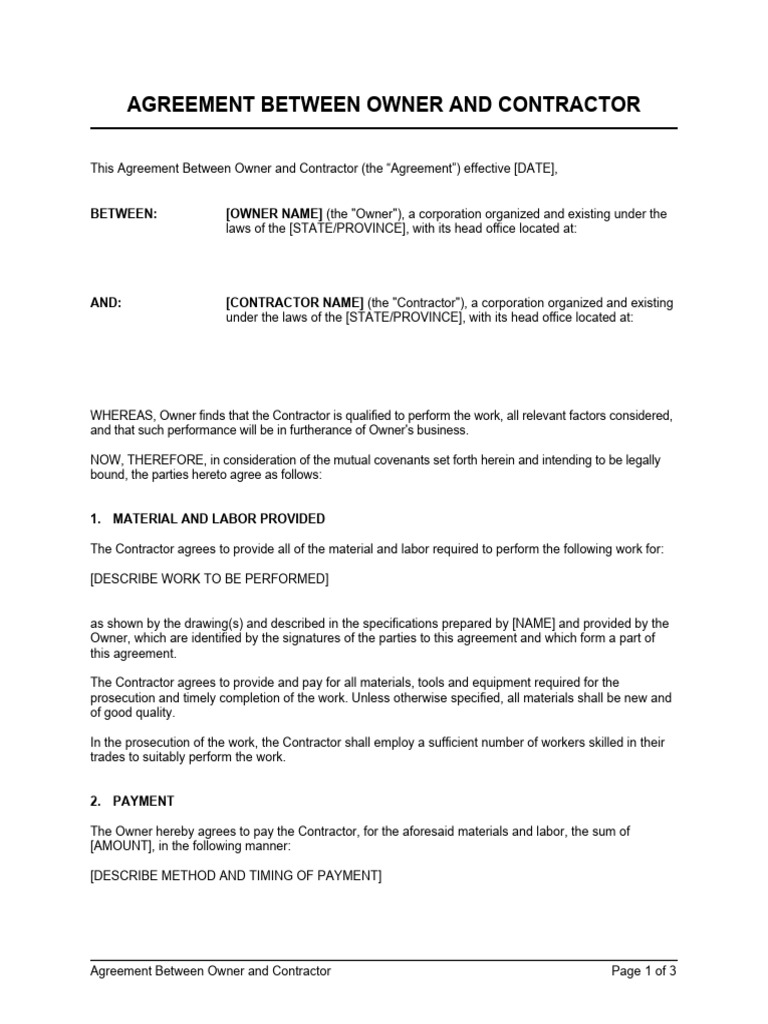 Owner-Contractor Agreement Document | PDF | General Contractor | Employment