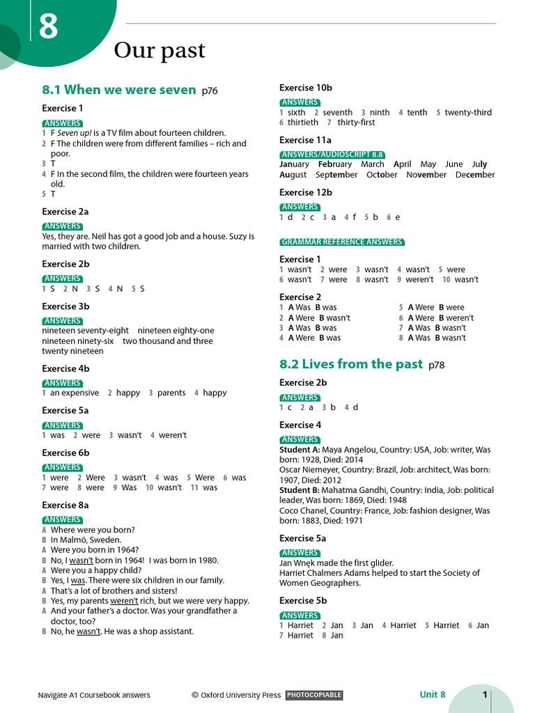 Navigate A1 Coursebook Unit 8 Answer Key | PDF | Wright Brothers