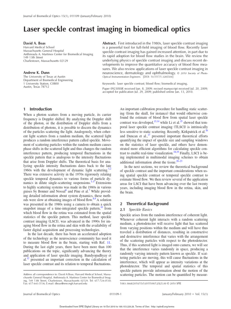 Laser Speckle Contrast Imaging in Biomedical Optics | PDF | Coherence (Physics) | Scattering