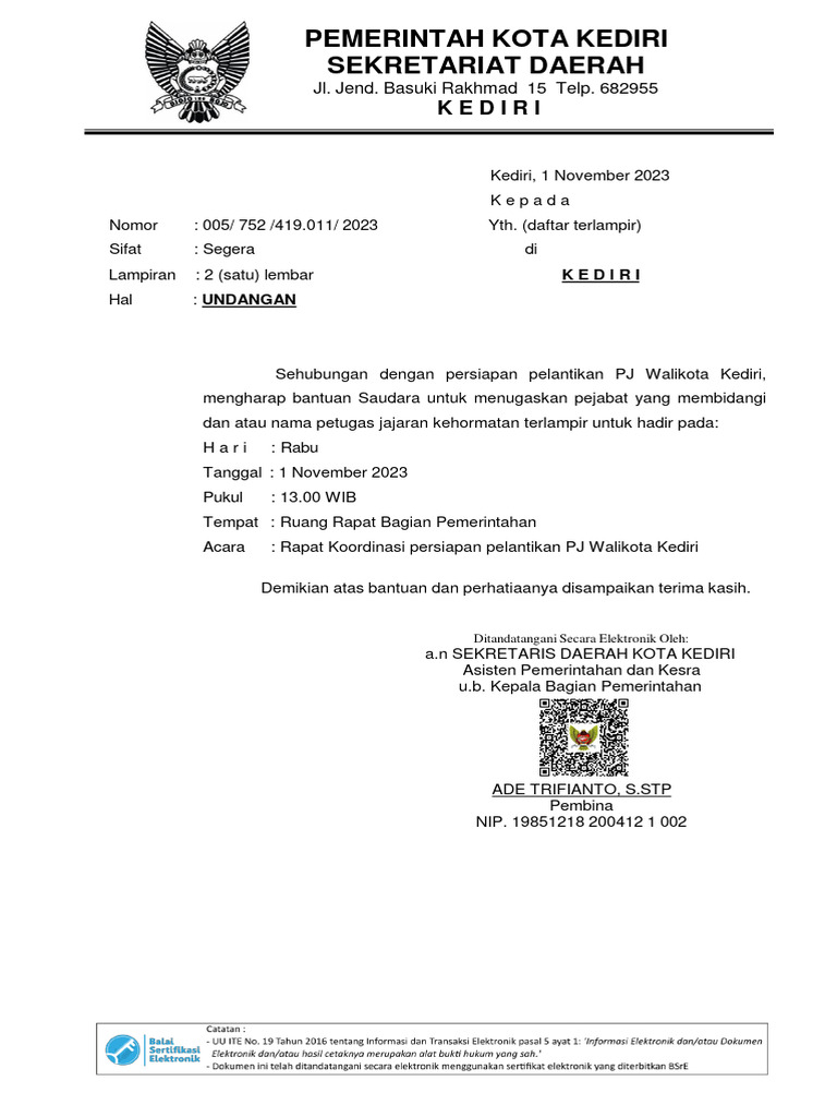 Surat Undangan Rakor Pelantikan | PDF