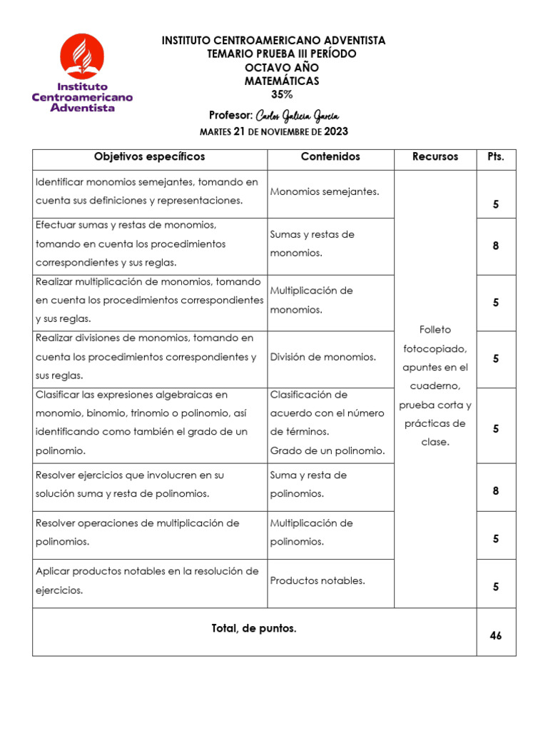 Temario - PruebaIII Trimestre 8-1699935396306 | PDF | Polinomio | Álgebra