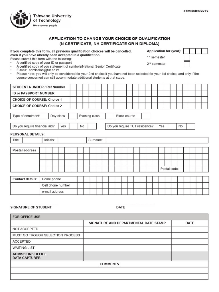 Application To Change Your Choice of Qualification (N Certificate, NH ...
