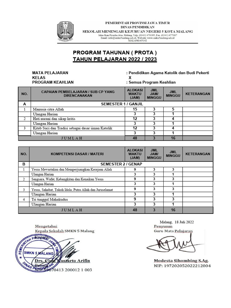 Prota 2022/2023 Pendidikan Agama Katolik | PDF