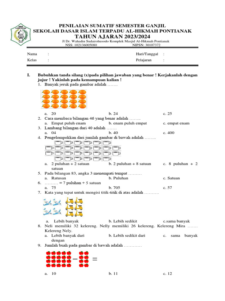 Soal Penilaian Matematika Kelas 2 | PDF