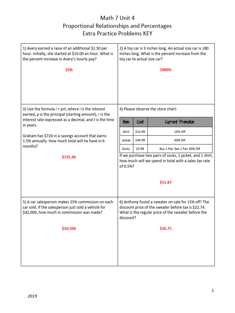 Math 7 Unit 4 Proportional Relationships and Percentages Extra Practice ...