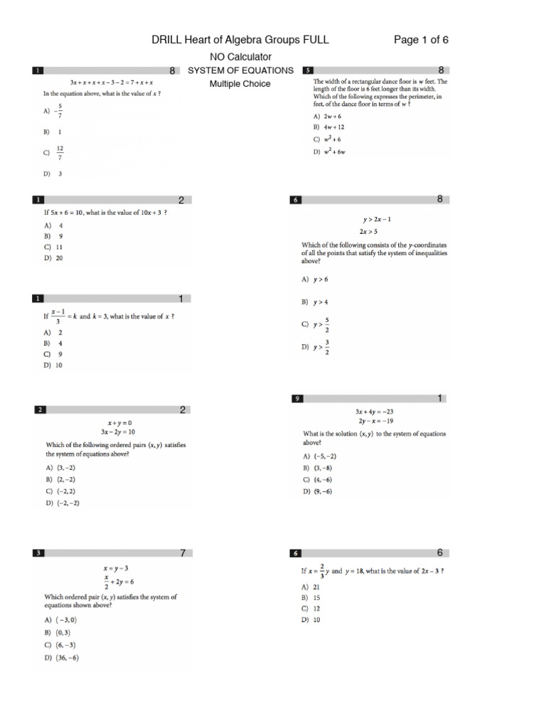 DRILL Heart of Algebra No Calc Groups FULL With SOLUTIONS | PDF ...